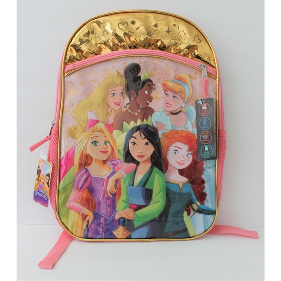 Disney | Accessories | Disney Princess 7 Pink Gold Backpack With 6 ...
